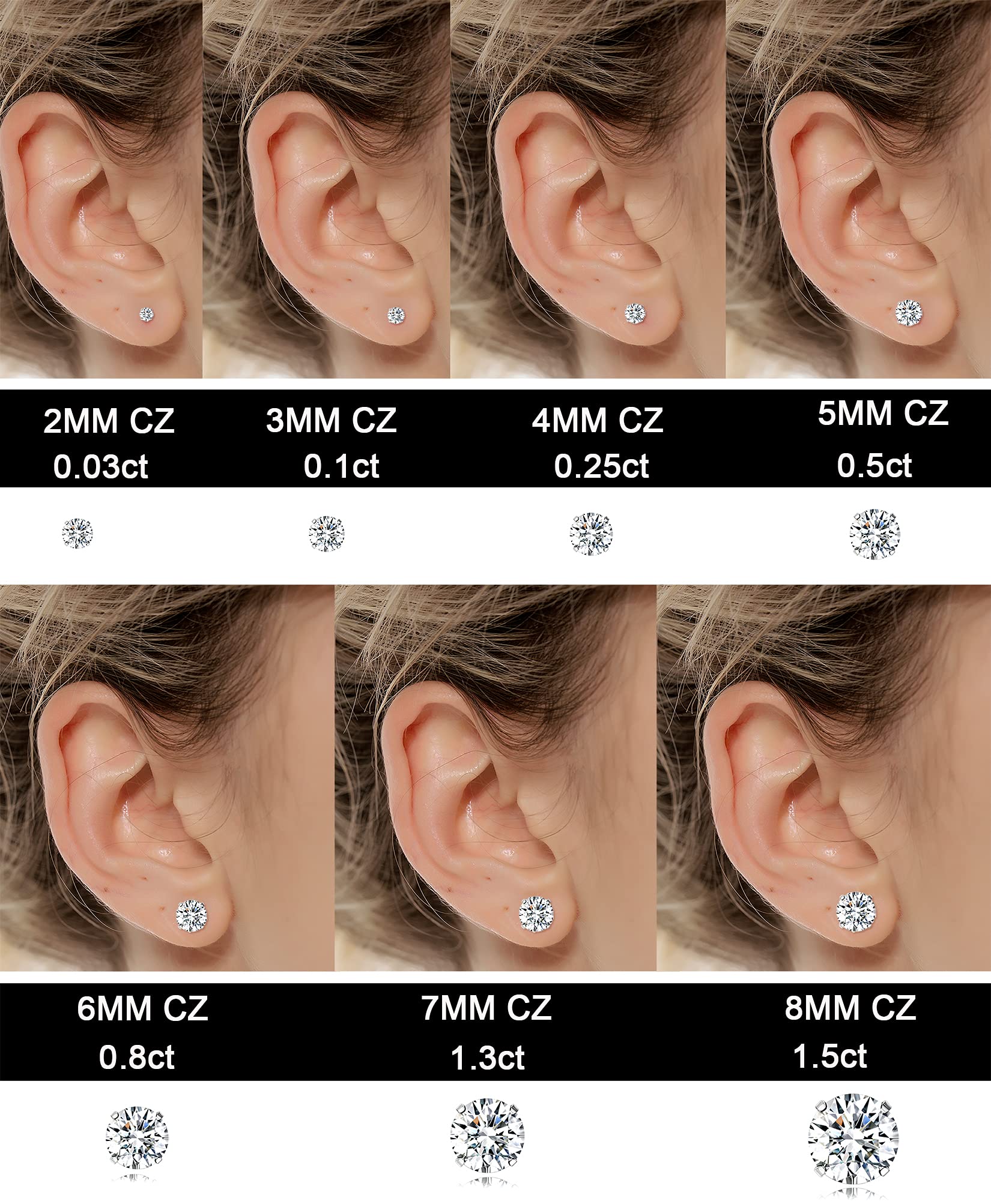 Tornito 7 Pairs 20G Stainless Steel Stud Earrings Round Cubic Zirconia Barbell Earring Set For Men Women 2MM-8MM Silver Tone