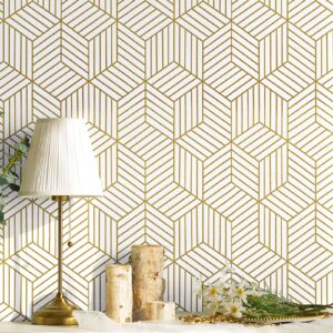 ciciwind peel and stick wallpaper white and gold geometric wallpaper removable self adhesive wall paper gold striped hexagon vinyl contact paper for cabinets shelf drawer waterproof 15.7"x78.7"upgrade