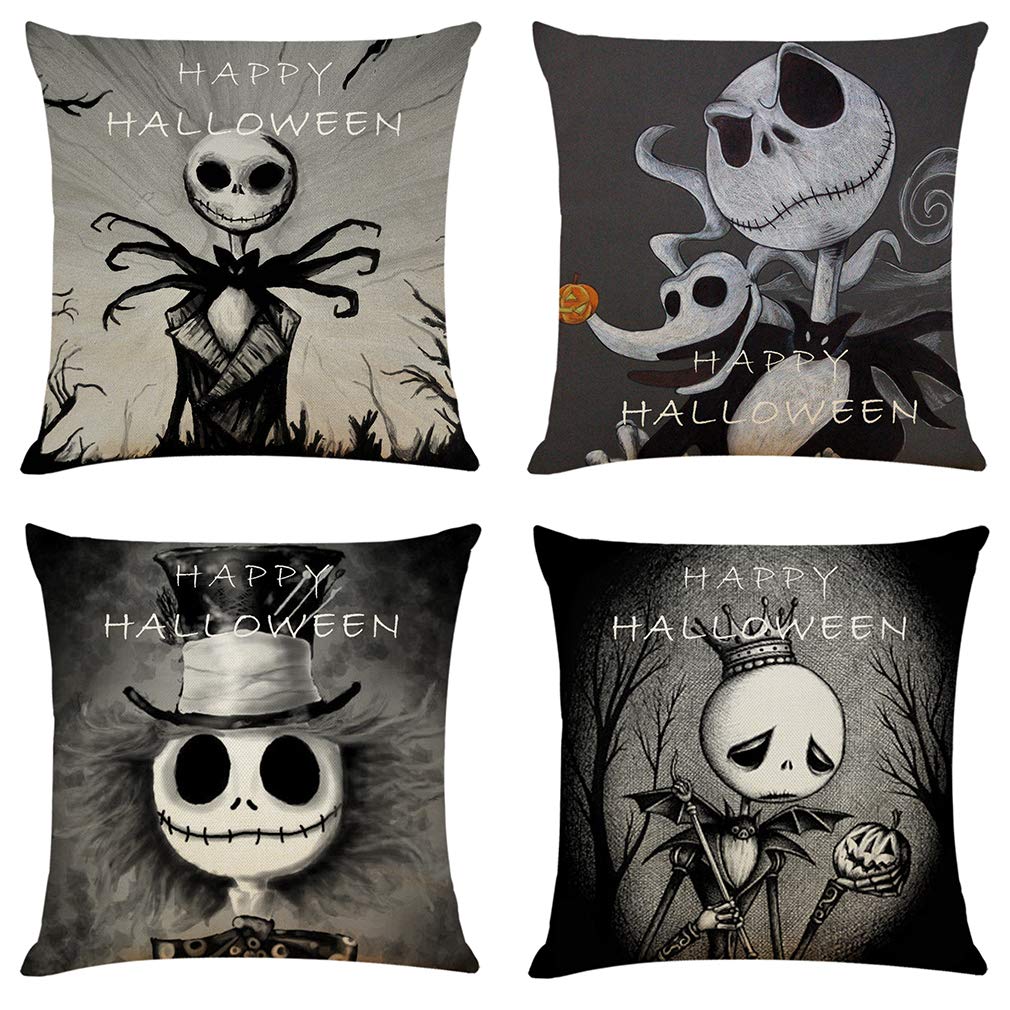 Ogrmar 4PCS 18"x18" Throw Pillow Covers Halloween Decorative Couch Pillow Cases Cotton Linen Pillow Square Cushion Cover for Sofa, Couch, Bed and Car