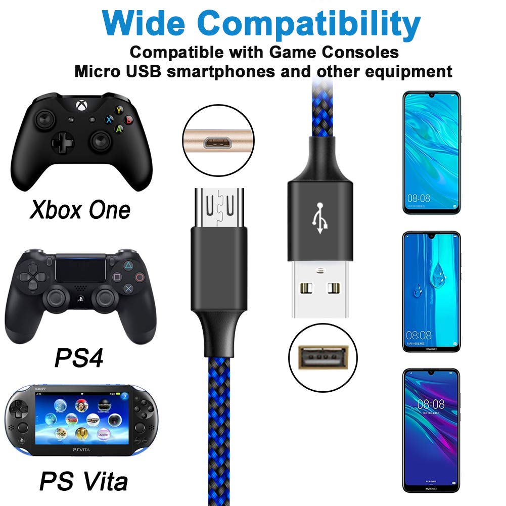 3-Pack 6FT PS4 Controller Charger Cable for Xbox One Controller,Dualshock 4,PS4 Charging Cord,Nylon Braided Micro USB Data Sync Cable for Xbox One S/X,Playstation-4,PS4 Slim/Pro,Charge and Play Wire