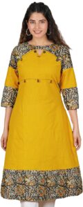 yash gallery women's cotton blend kalamkari print a-line kurtis (mustard yellow)