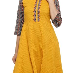 Yash Gallery Indian Cotton Geometric Print Anarkali Kurtis for Women (Mustard Yellow)