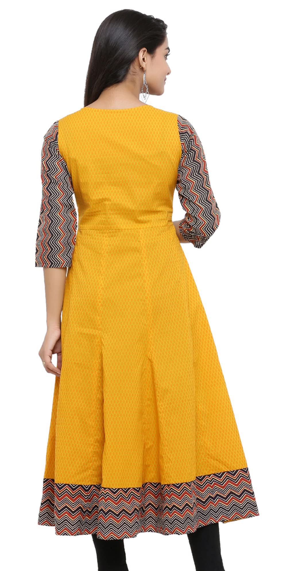 Yash Gallery Indian Cotton Geometric Print Anarkali Kurtis for Women (Mustard Yellow)