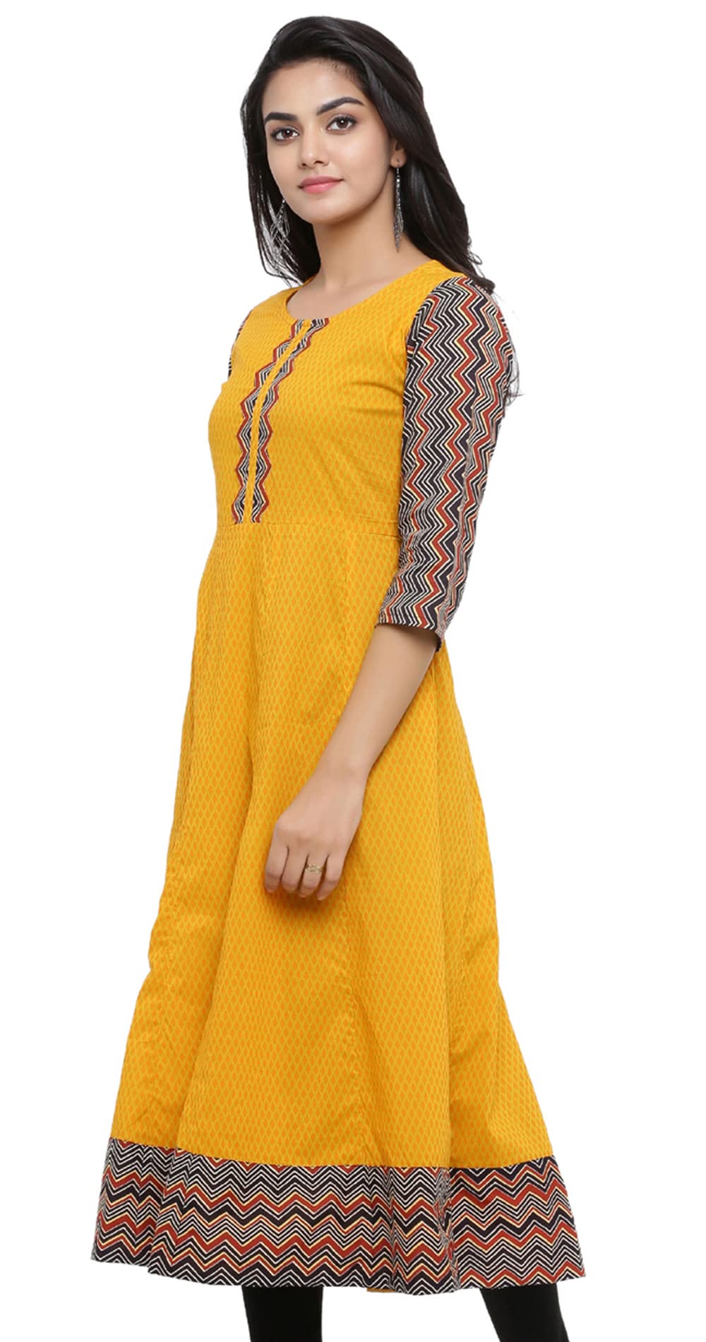 Yash Gallery Indian Cotton Geometric Print Anarkali Kurtis for Women (Mustard Yellow)