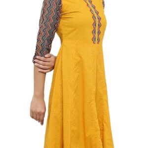 Yash Gallery Indian Cotton Geometric Print Anarkali Kurtis for Women (Mustard Yellow)