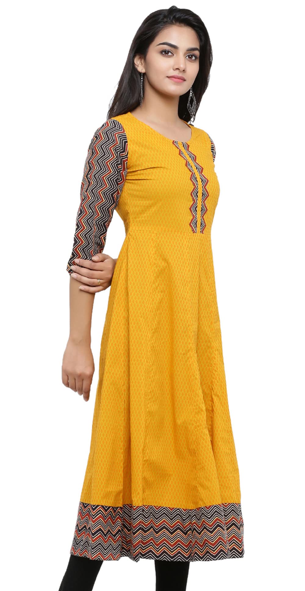 Yash Gallery Indian Cotton Geometric Print Anarkali Kurtis for Women (Mustard Yellow)