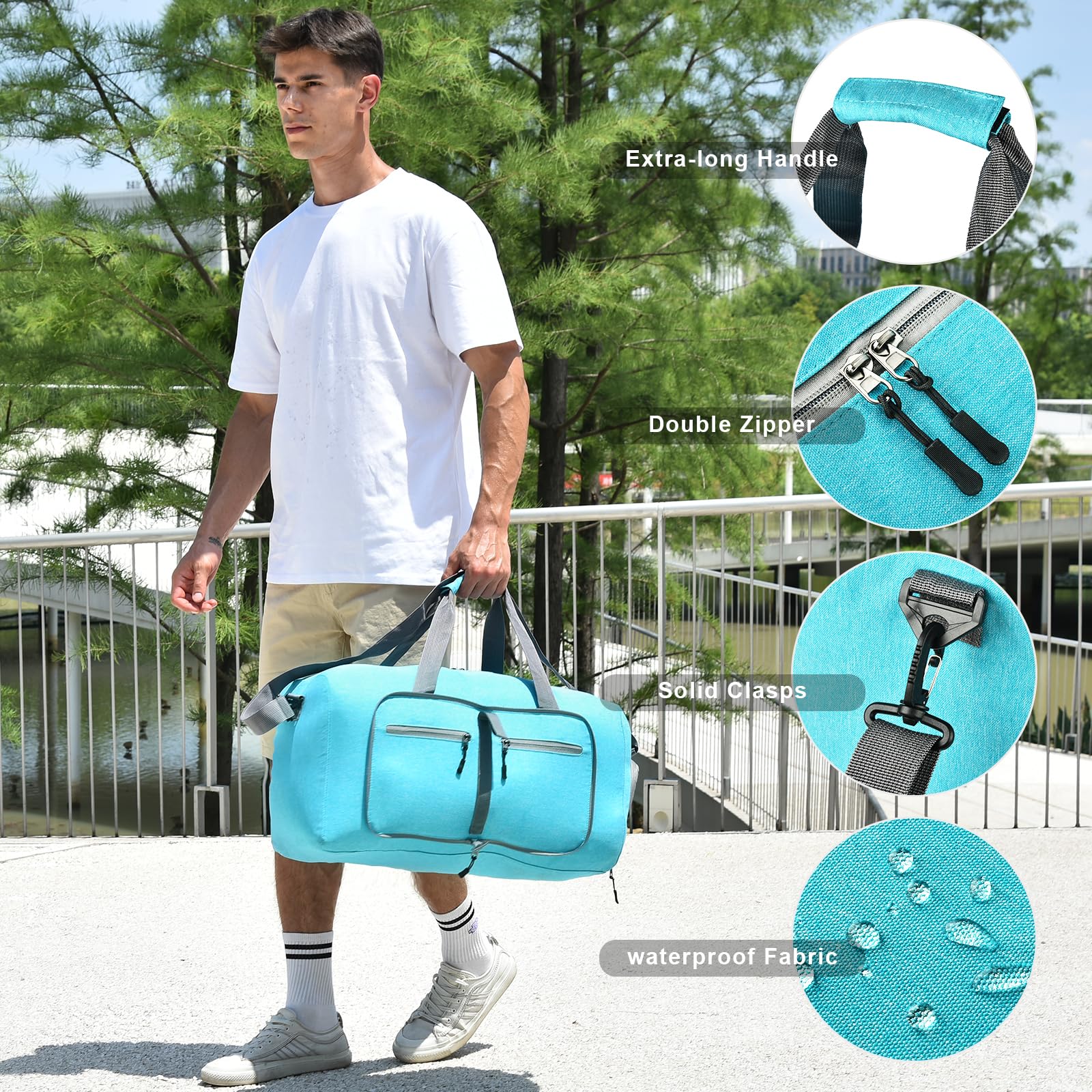 Dimayar Travel Duffle Bag for Men - Foldable Duffel Bag with Shoes Compartment - Overnight Bags Waterproof & Tear Resistant(65L,Mint Green)