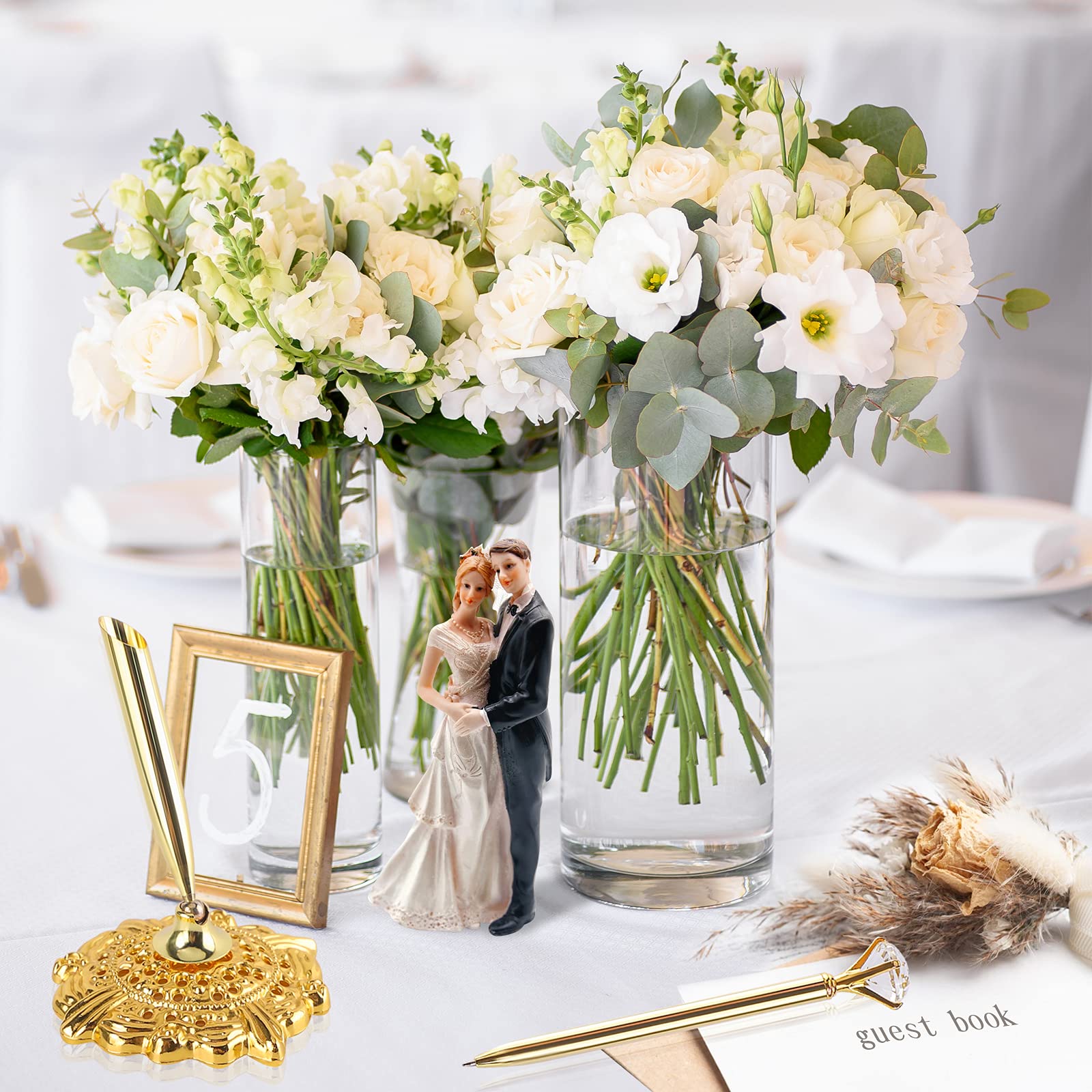 Jevou Hollow Round Pen Holder Signing Pen Set with Big Crystal Diamond Pen for Wedding Bridal Engagement Party Favors, Golden