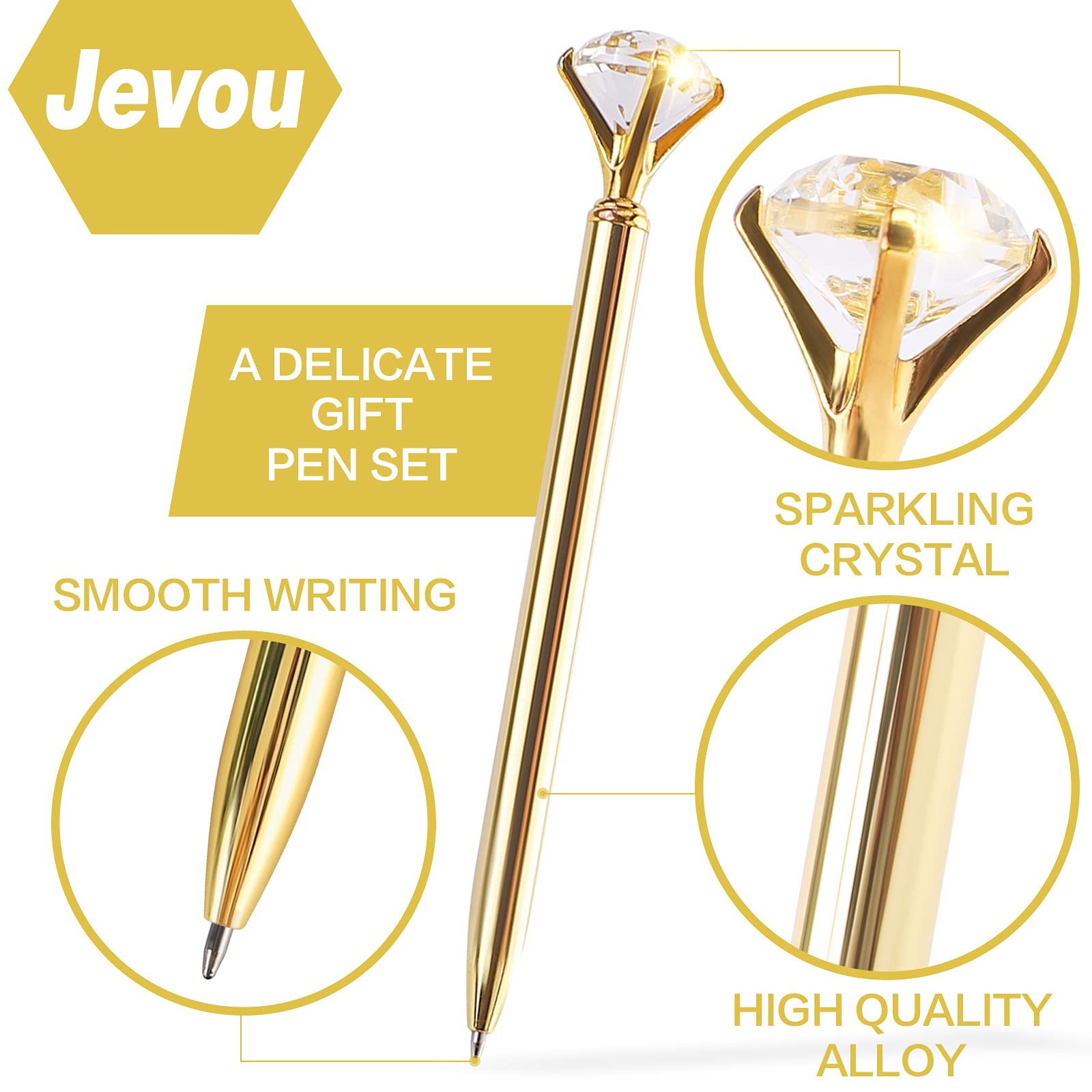 Jevou Hollow Round Pen Holder Signing Pen Set with Big Crystal Diamond Pen for Wedding Bridal Engagement Party Favors, Golden