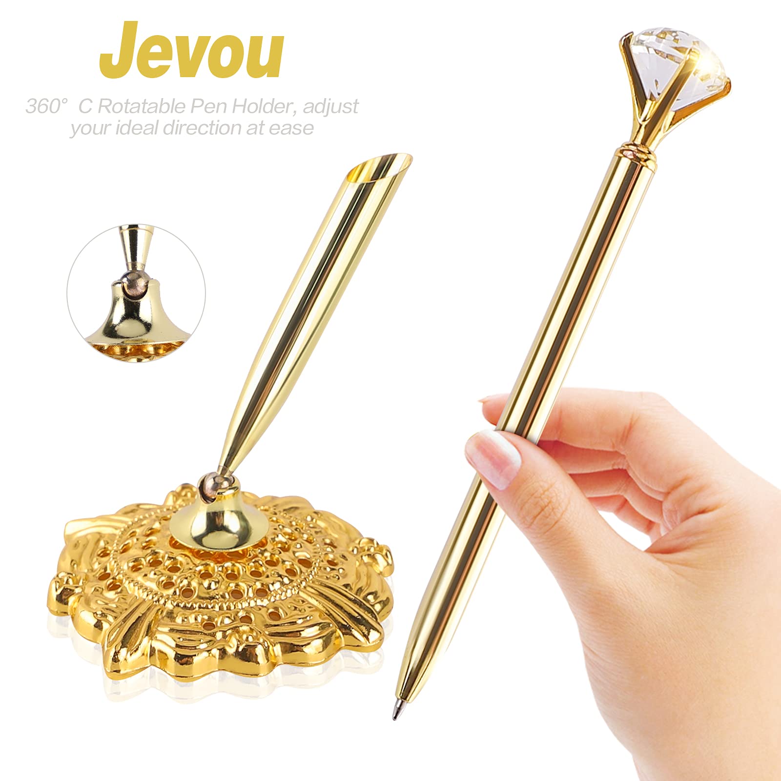 Jevou Hollow Round Pen Holder Signing Pen Set with Big Crystal Diamond Pen for Wedding Bridal Engagement Party Favors, Golden