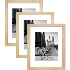 meetart picture frames 11x14 inch pack of 3 piece in plastic glass mdf shallow wooden-grain color frame, display pictures 11x14 8x10, wall hanger vertical and horizontal.