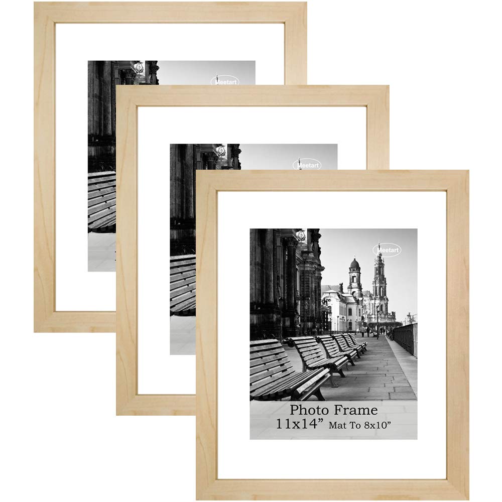 Meetart Picture Frames 11x14 inch Pack of 3 Piece in Plastic Glass MDF Shallow wooden-grain Color Frame, Display Pictures 11x14 8x10, Wall Hanger Vertical and Horizontal.