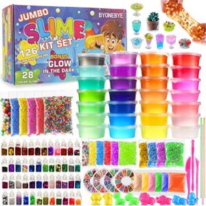 126 pcs diy slime making kit for girls boys - birthday idea for kids age 5+. ultimate slime supplies include 28 crystal slime, 2 glow in the dark powder, 48 bottle glitter jar etc.