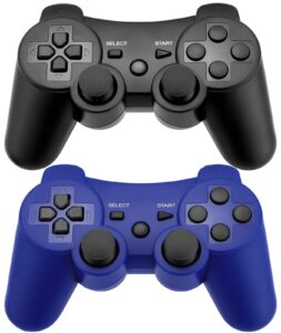 ceozon ps3 controller 2 pack with six-axis dual vibration wireless control with charging cables black + blue