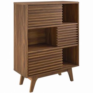 modway render three-tier display storage cabinet stand, walnut