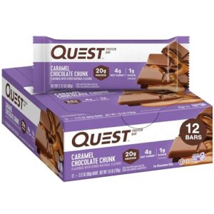 quest nutrition caramel chocolate chunk protein bar, 20g protein, 1g sugar, 4g net carbs, gluten free, keto friendly, 12 count