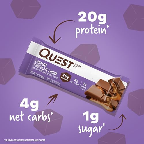 Quest Nutrition Caramel Chocolate Chunk Protein Bar, 20g Protein, 1g Sugar, 4g Net Carbs, Gluten Free, Keto Friendly, 12 Count