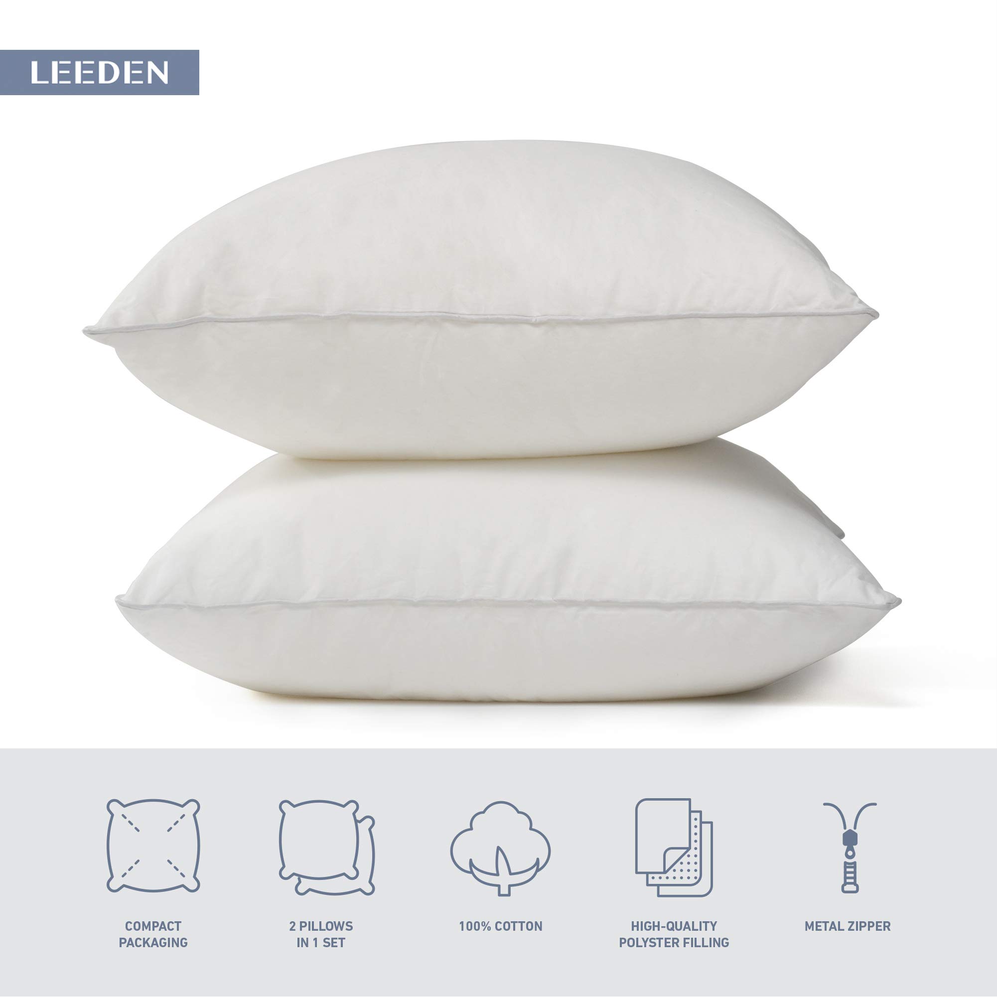 Leeden 22 x 22 Pillow Inserts (Set of 2) - Throw Pillow Inserts with 100% Cotton Cover - 22 Inch Square Interior Sofa Pillow Inserts - Decorative Pillow Insert Pair - White Couch Pillow