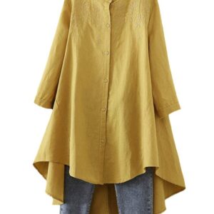 Minibee Women's Cotton Linen Shirt High Low Button Down Embroidered Blouse Long Sleeve Tunic Tops With Pocket Yellow 2XL