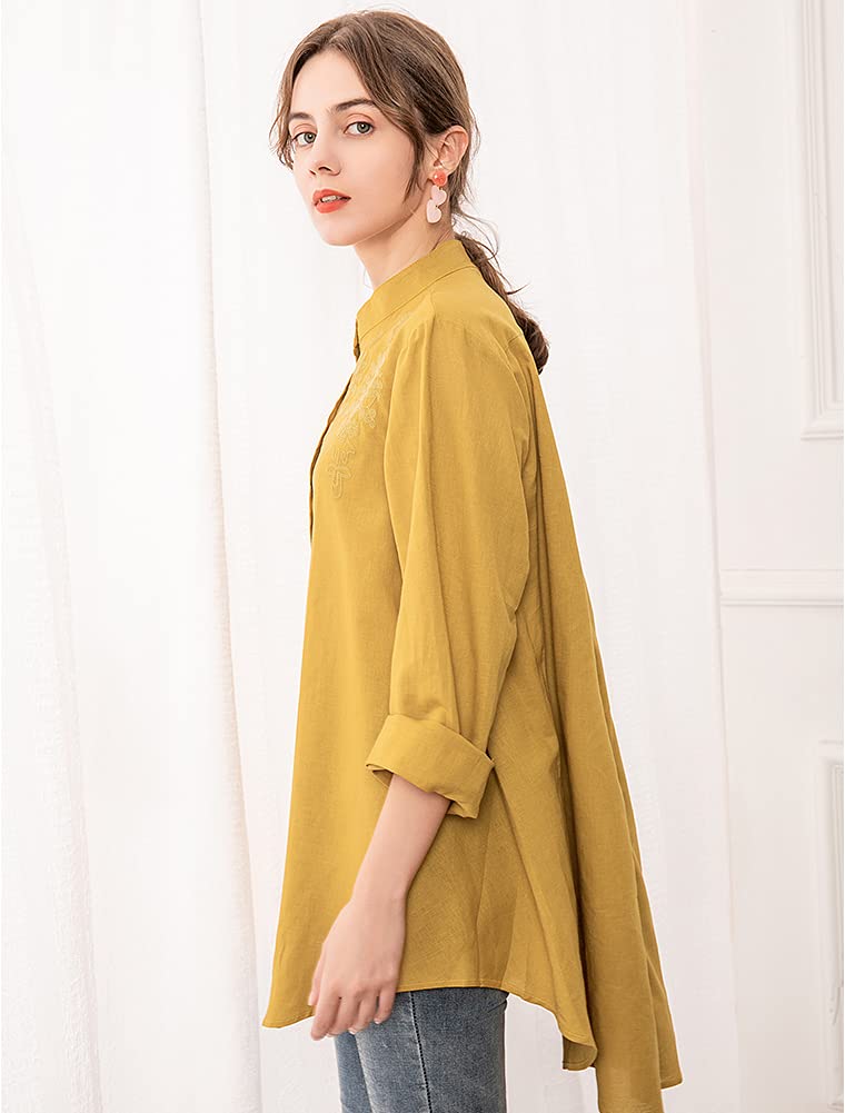 Minibee Women's Cotton Linen Shirt High Low Button Down Embroidered Blouse Long Sleeve Tunic Tops With Pocket Yellow 2XL