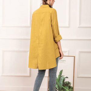 Minibee Women's Cotton Linen Shirt High Low Button Down Embroidered Blouse Long Sleeve Tunic Tops With Pocket Yellow 2XL