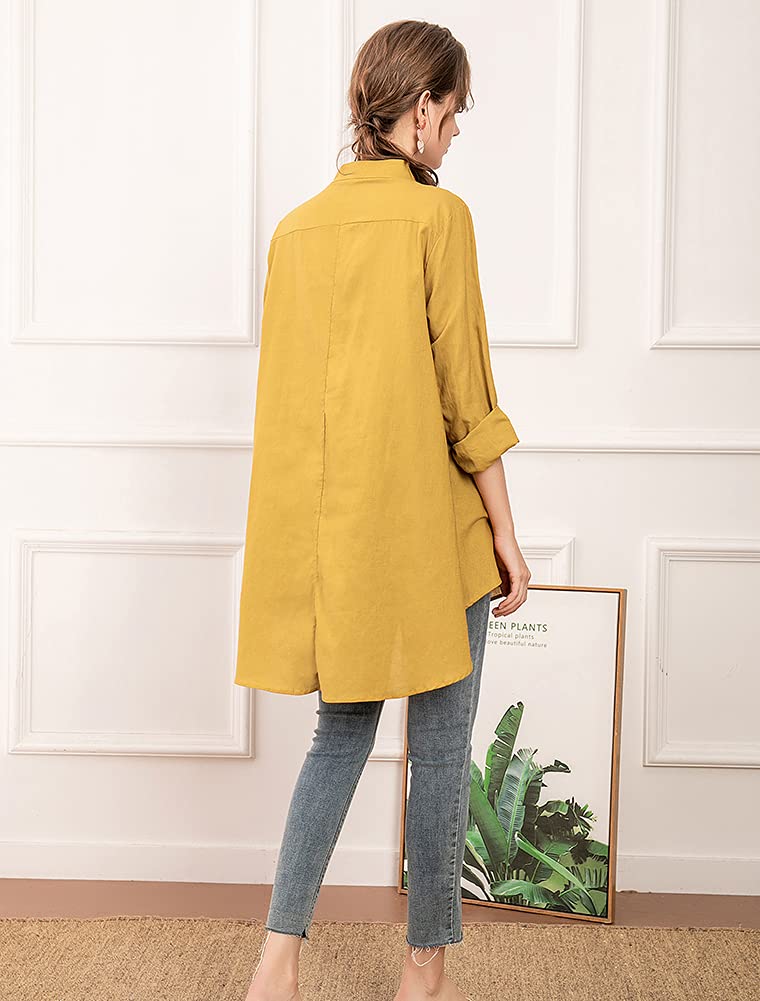 Minibee Women's Cotton Linen Shirt High Low Button Down Embroidered Blouse Long Sleeve Tunic Tops With Pocket Yellow 2XL