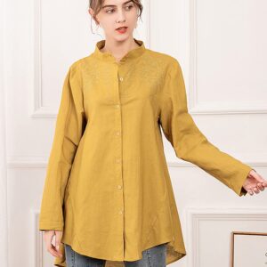 Minibee Women's Cotton Linen Shirt High Low Button Down Embroidered Blouse Long Sleeve Tunic Tops With Pocket Yellow 2XL