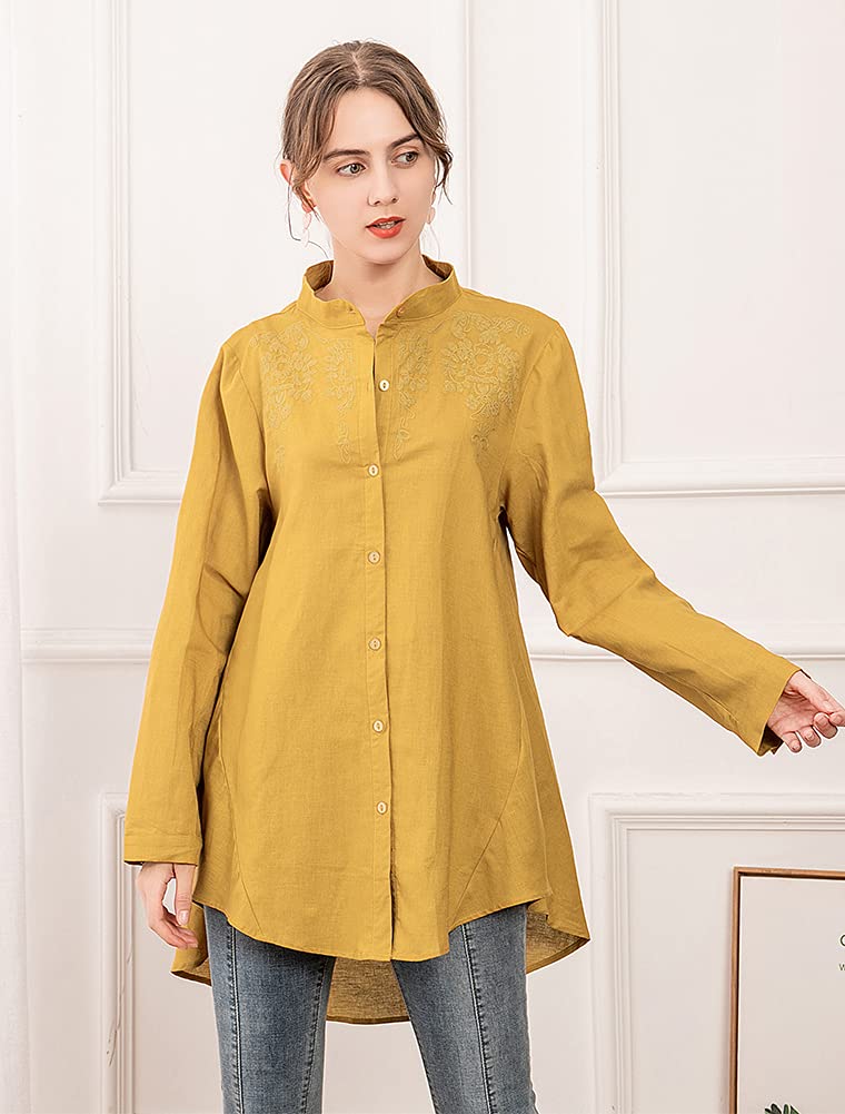 Minibee Women's Cotton Linen Shirt High Low Button Down Embroidered Blouse Long Sleeve Tunic Tops With Pocket Yellow 2XL