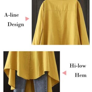 Minibee Women's Cotton Linen Shirt High Low Button Down Embroidered Blouse Long Sleeve Tunic Tops With Pocket Yellow 2XL