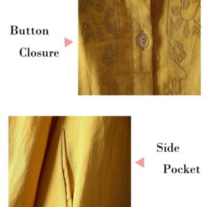 Minibee Women's Cotton Linen Shirt High Low Button Down Embroidered Blouse Long Sleeve Tunic Tops With Pocket Yellow 2XL