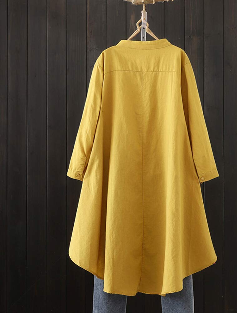 Minibee Women's Cotton Linen Shirt High Low Button Down Embroidered Blouse Long Sleeve Tunic Tops With Pocket Yellow 2XL