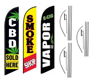 cbd sold here smoke shop e-cig vapor advertising signs, feather flag kits package, includes 3 banner flags, 3 flag poles, and 3 ground stakes