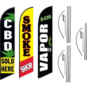 CBD Sold Here Smoke Shop E-Cig Vapor Advertising Signs, Feather Flag Kits Package, Includes 3 Banner Flags, 3 Flag Poles, and 3 Ground Stakes