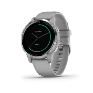 garmin vivoactive 4s, smaller-sized gps smartwatch, features music, body energy monitoring, animated workouts, pulse ox sensors and more, silver with gray band