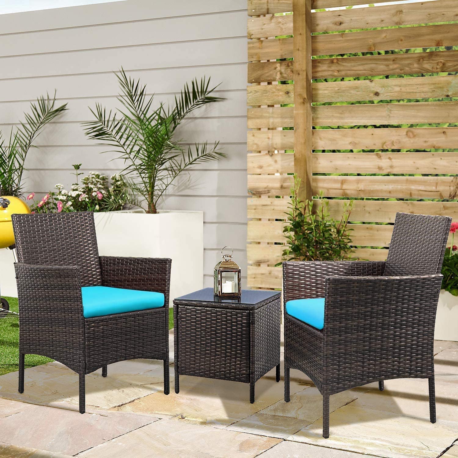 Devoko Patio Porch Furniture Sets 3 Pieces PE Rattan Wicker Chairs with Table Outdoor Garden Furniture Sets (Brown/Blue)