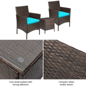 Devoko Patio Porch Furniture Sets 3 Pieces PE Rattan Wicker Chairs with Table Outdoor Garden Furniture Sets (Brown/Blue)