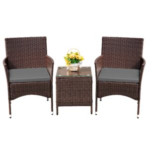 devoko patio porch furniture sets 3 pieces pe rattan wicker chairs with table outdoor garden furniture sets (brown/grey)