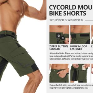 Cycorld Mens-Mountain-Bike-Shorts, Loose Fit with Zippered Pockets, MTB, Cycling,Hiking,Cargo,Outdoor Lightweight Shorts(Army Green, XX-Large)