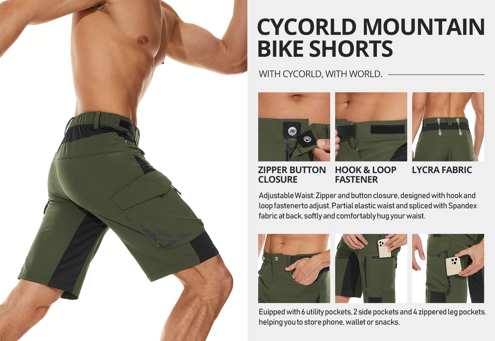 Cycorld Mens-Mountain-Bike-Shorts, Loose Fit with Zippered Pockets, MTB, Cycling,Hiking,Cargo,Outdoor Lightweight Shorts(Army Green, XX-Large)