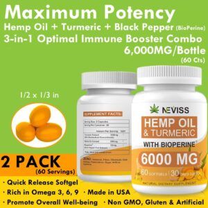 2 Pack Hēmp Oil Capsules with Turmeric - Organic Hēmp Softgels Pills with Turmeric Curcumin, Black Pepper - Vegan Omega 3 & 6 Supplement - Extra Strength & Absorption - Made in USA - 120 Softgels