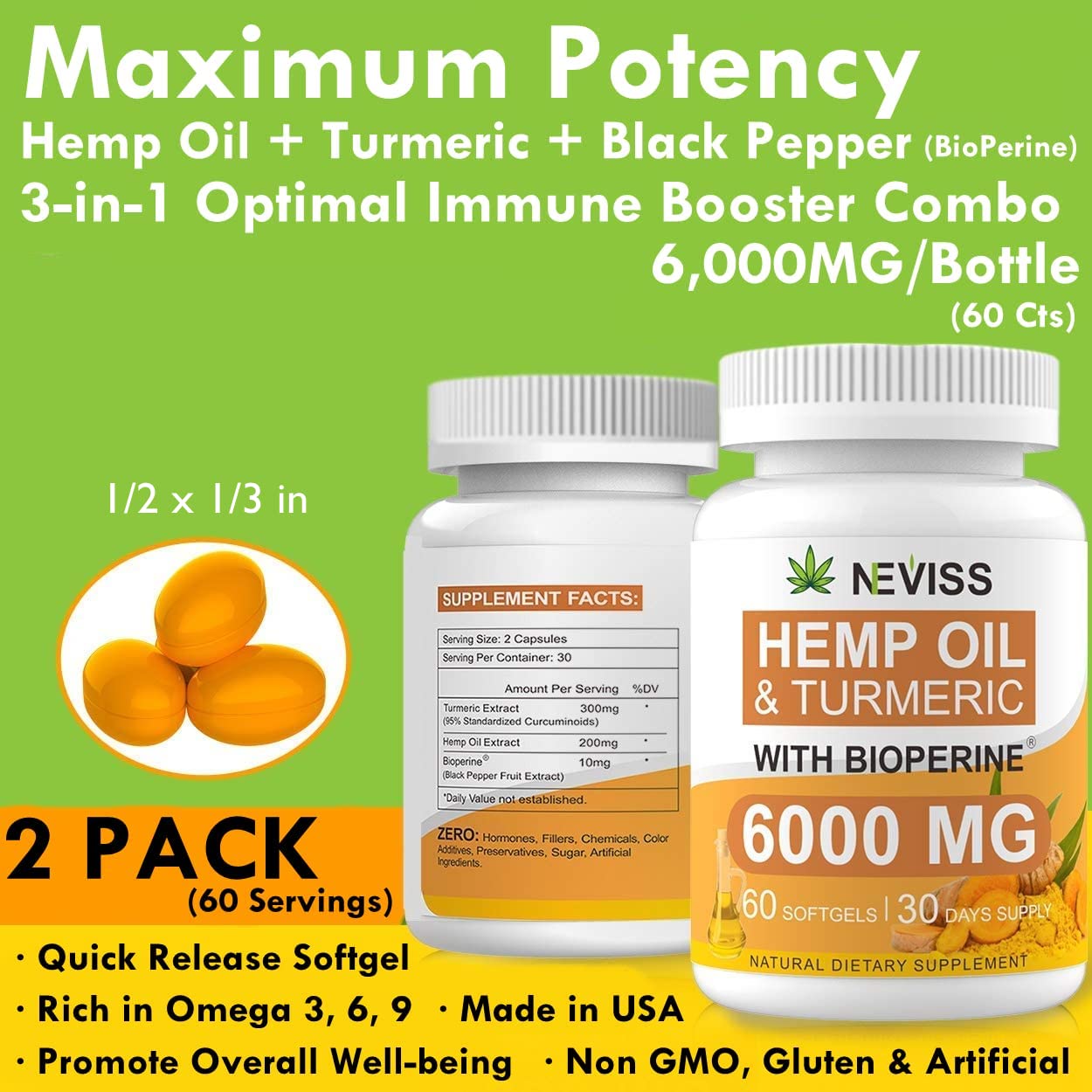 2 Pack Hēmp Oil Capsules with Turmeric - Organic Hēmp Softgels Pills with Turmeric Curcumin, Black Pepper - Vegan Omega 3 & 6 Supplement - Extra Strength & Absorption - Made in USA - 120 Softgels