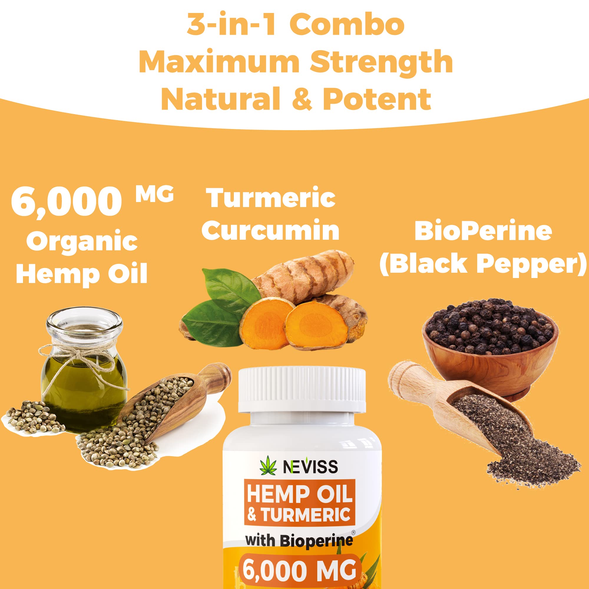 2 Pack Hēmp Oil Capsules with Turmeric - Organic Hēmp Softgels Pills with Turmeric Curcumin, Black Pepper - Vegan Omega 3 & 6 Supplement - Extra Strength & Absorption - Made in USA - 120 Softgels