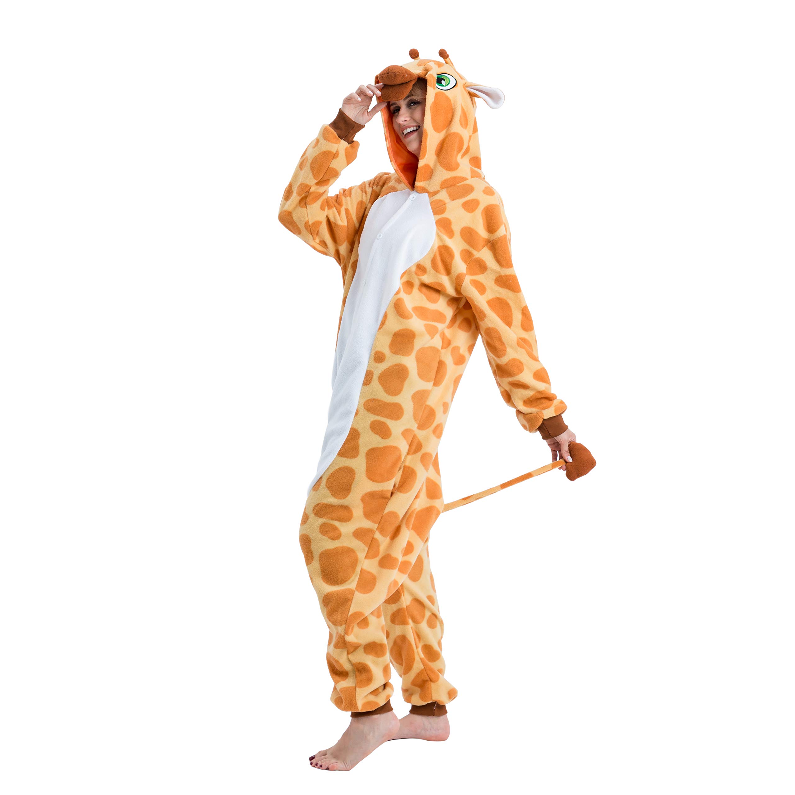 Spooktacular Creations Unisex Adult Giraffe Jumpsuit Pajama Plush Giraffe Costume with Hat and Tail for Dress Up Party Role Playing Themed Parties Halloween Costume (Medium) Yellow