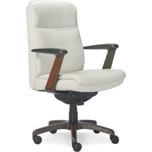 la-z-boy dawson modern executive office, adjustable high back ergonomic computer chair with lumbar support, white bonded leather with wood inlay