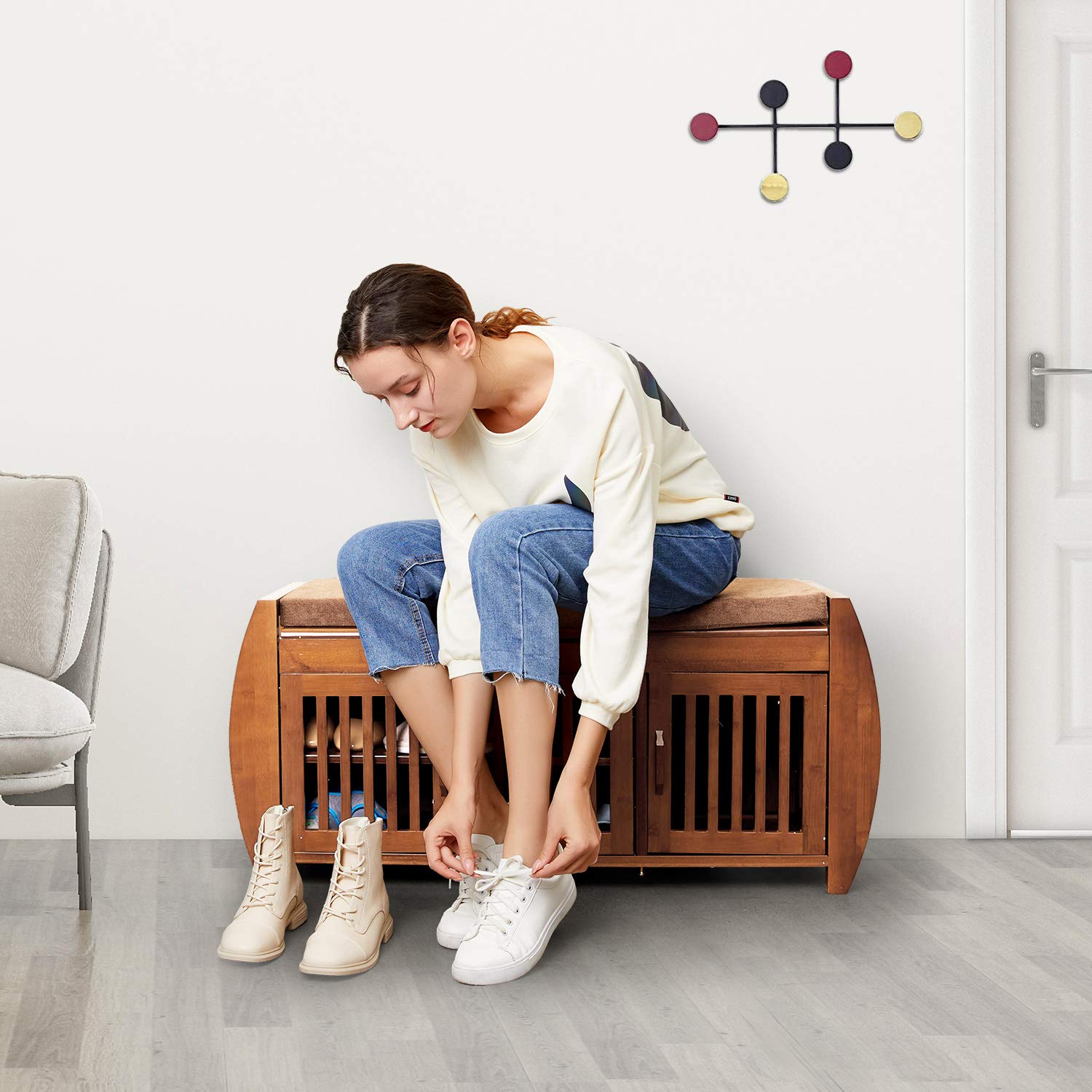 K KELBEL Shoe Storage Bench & Bamboo Shoe Bench & Shoe Rack Cabinet Storage Benches, Entryway Storage Organizer for Style & Comfort, Detachable Cushion with Hidden Storage Compartment