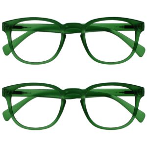 opulize pop reading glasses 2 pack fun round matt frame moss green spring hinges scratch resistant mens womens rr2-6 +2.00