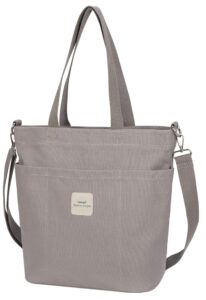 iswee canvas tote bag with zipper multi pockets tote purse for women fashion crossbody tote shoulder bag handbag everyday bag(grey)