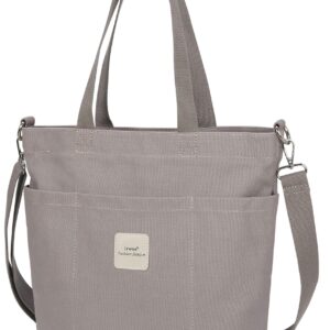 Iswee Canvas Tote Bag with Zipper Multi Pockets Tote Purse for Women Fashion Crossbody Tote Shoulder Bag Handbag Everyday Bag(Grey)