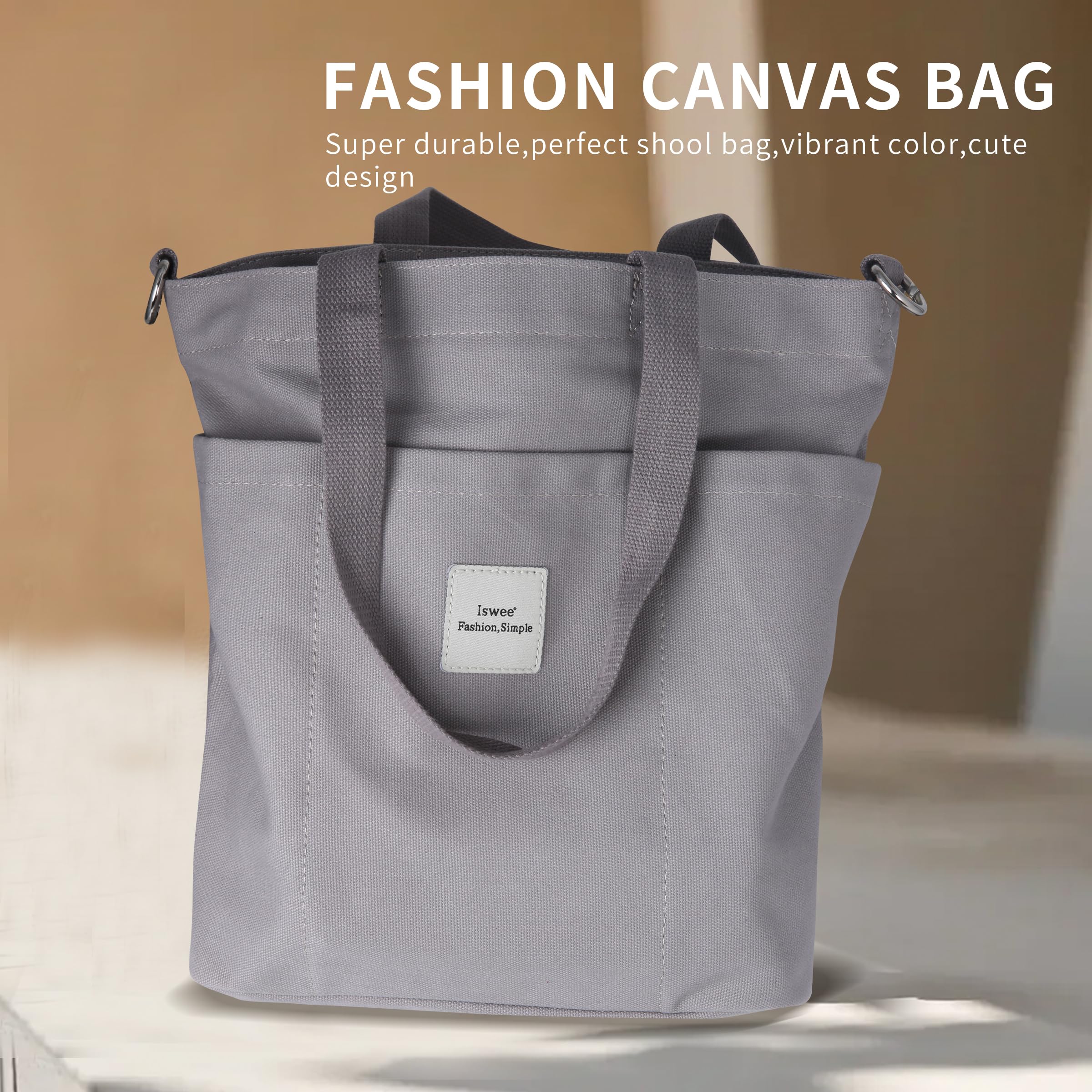 Iswee Canvas Tote Bag with Zipper Multi Pockets Tote Purse for Women Fashion Crossbody Tote Shoulder Bag Handbag Everyday Bag(Grey)