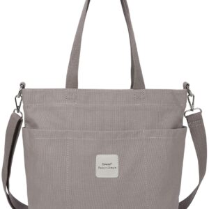 Iswee Canvas Tote Bag with Zipper Multi Pockets Tote Purse for Women Fashion Crossbody Tote Shoulder Bag Handbag Everyday Bag(Grey)